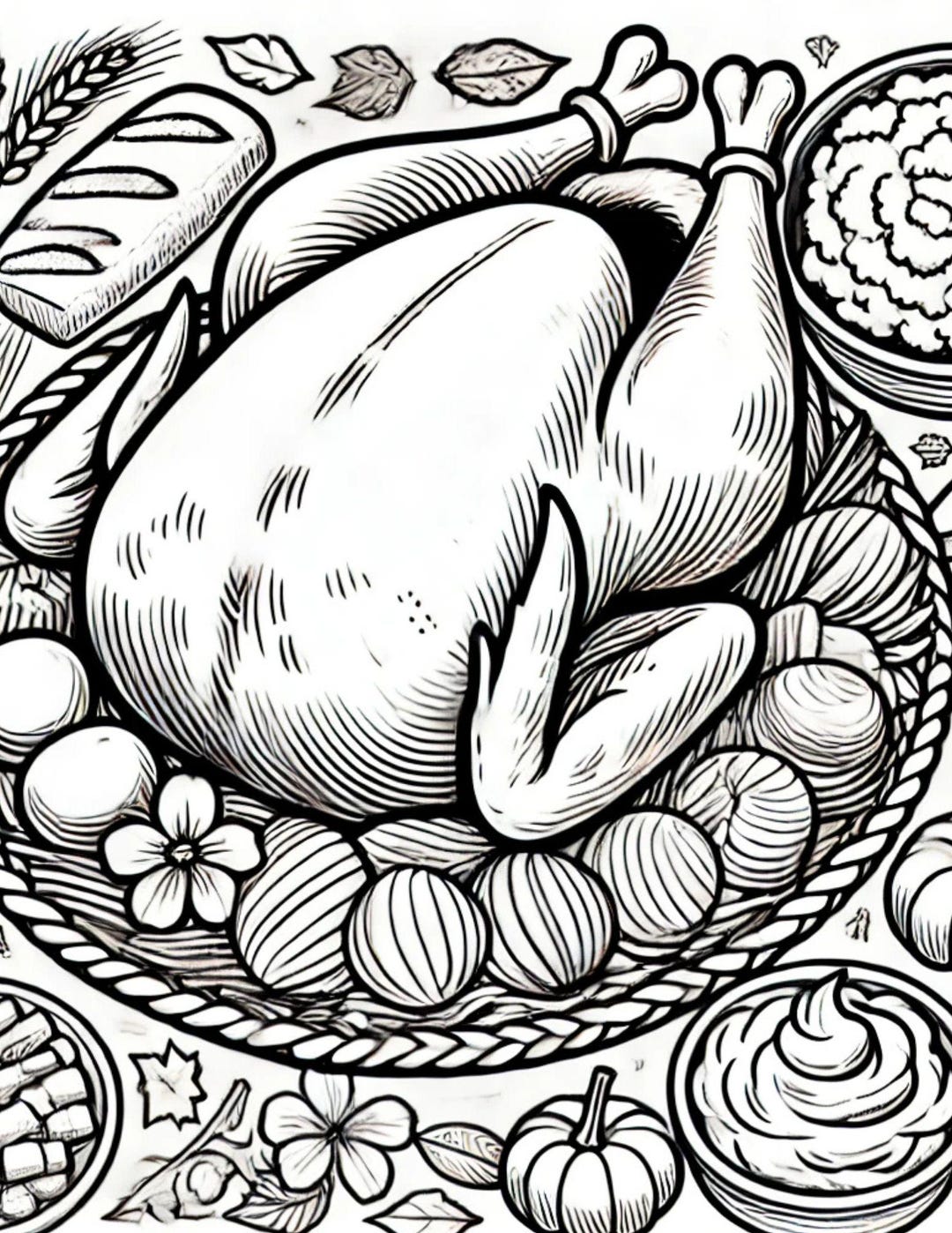 Thanksgiving Meal Coloring Page | Turkey at the Center | Festive ...
