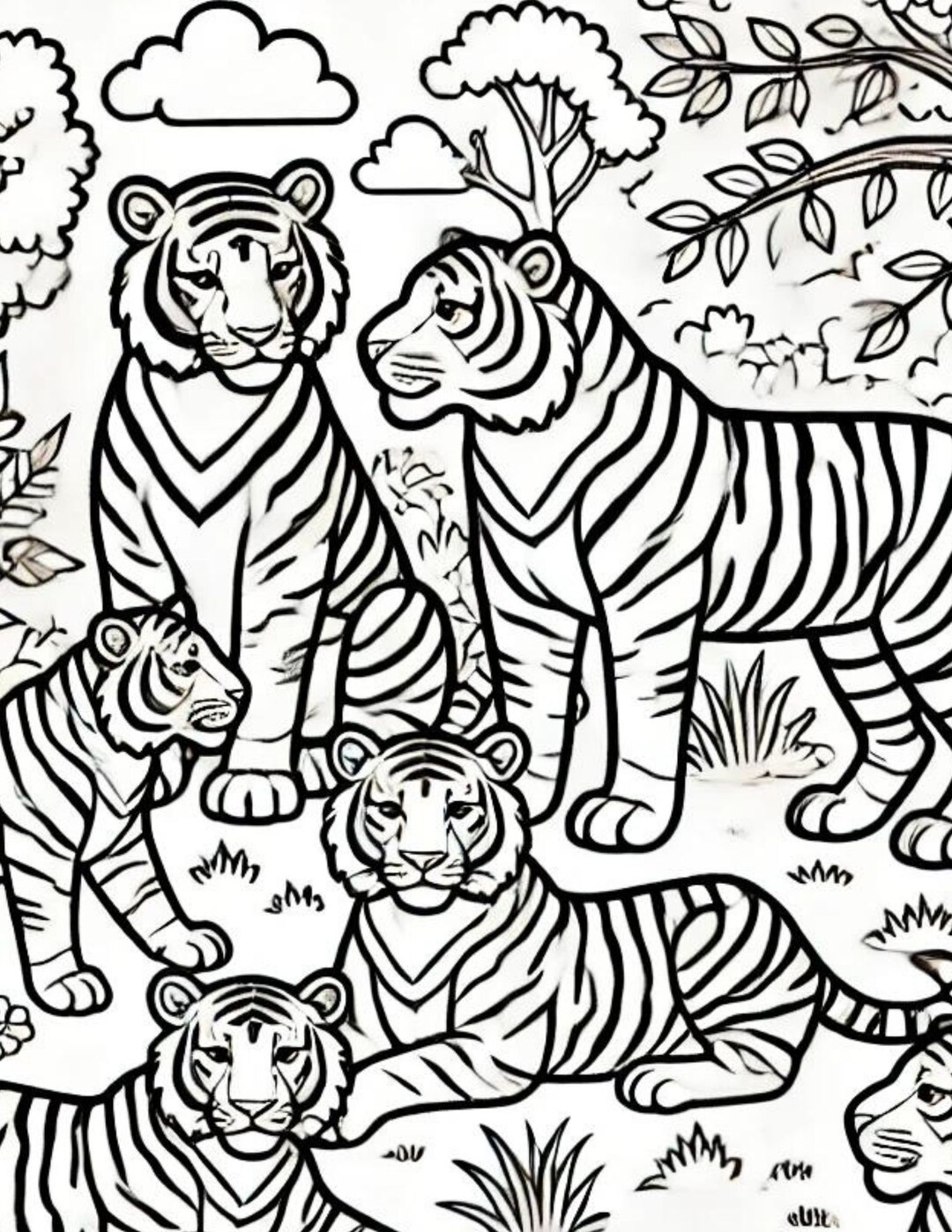 Playful Tigers Coloring Page for Kids - Instant PDF Download, Jungle ...