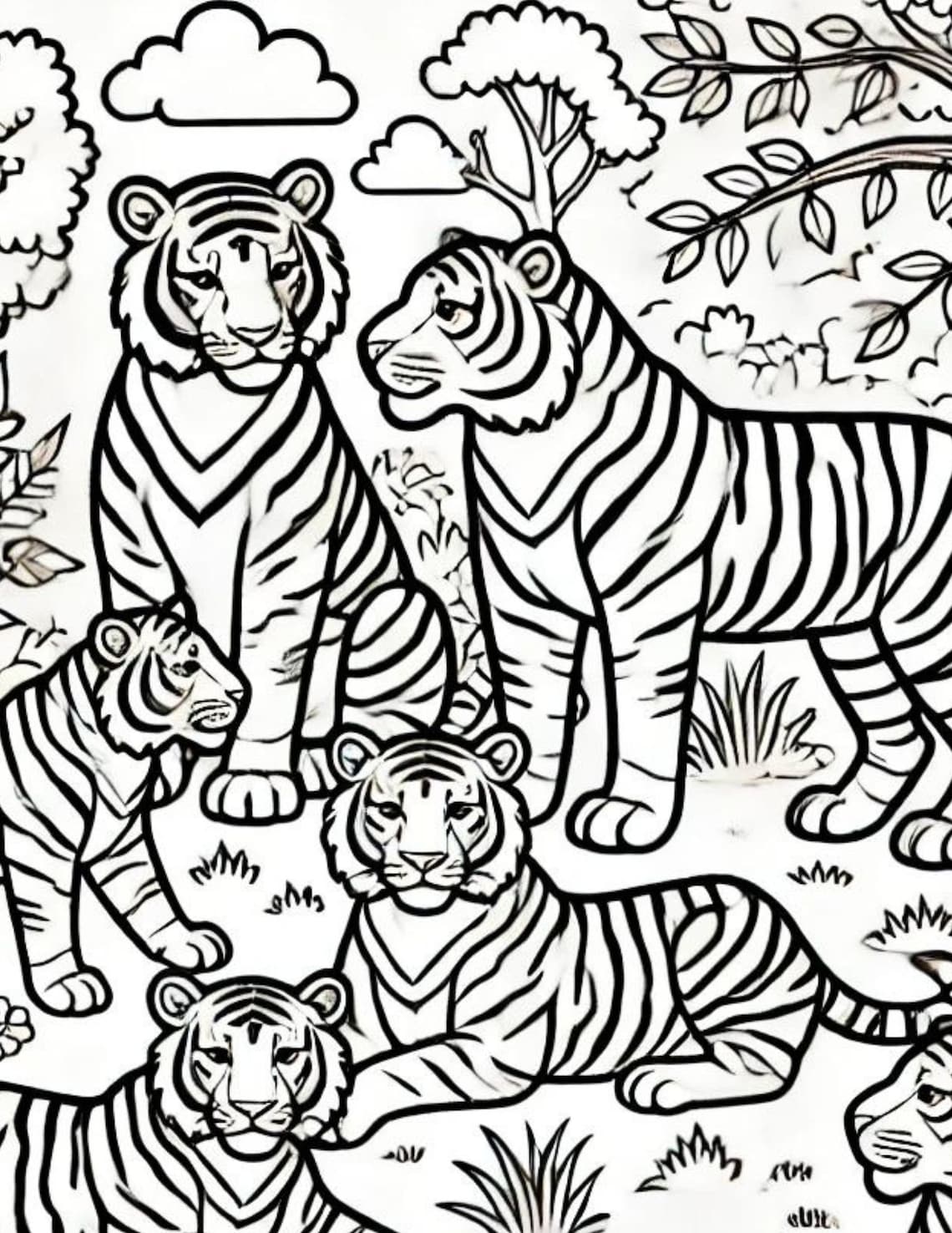 Playful Tigers Coloring Page for Kids - Instant PDF Download, Jungle ...