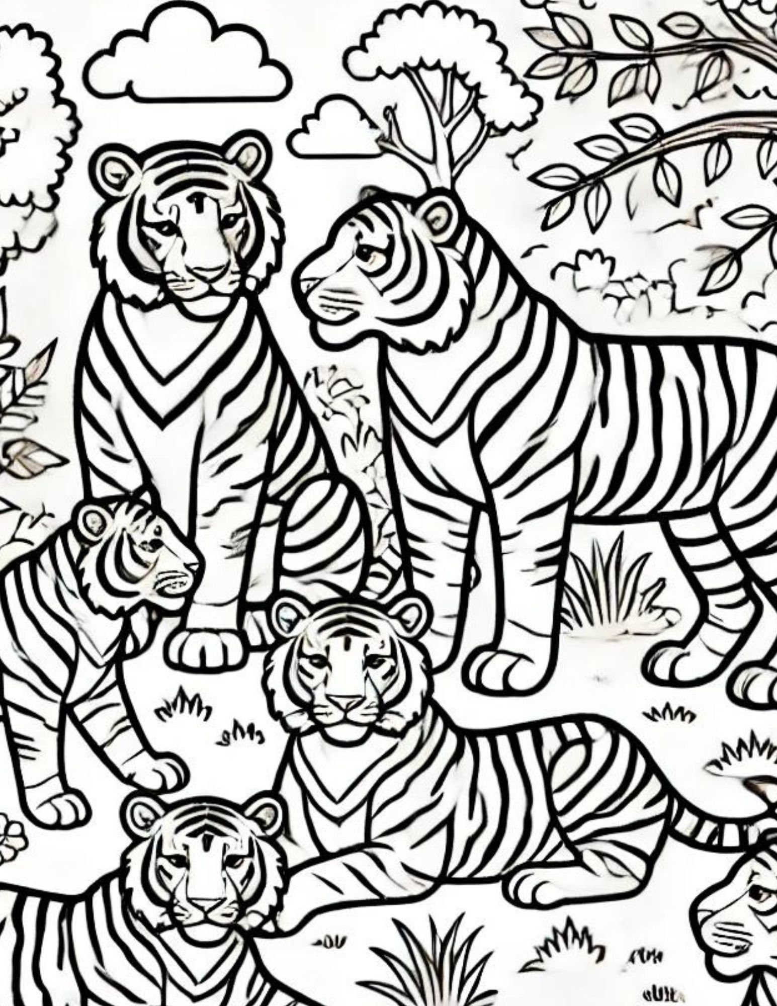 Playful Tigers Coloring Page for Kids - Instant PDF Download, Jungle ...