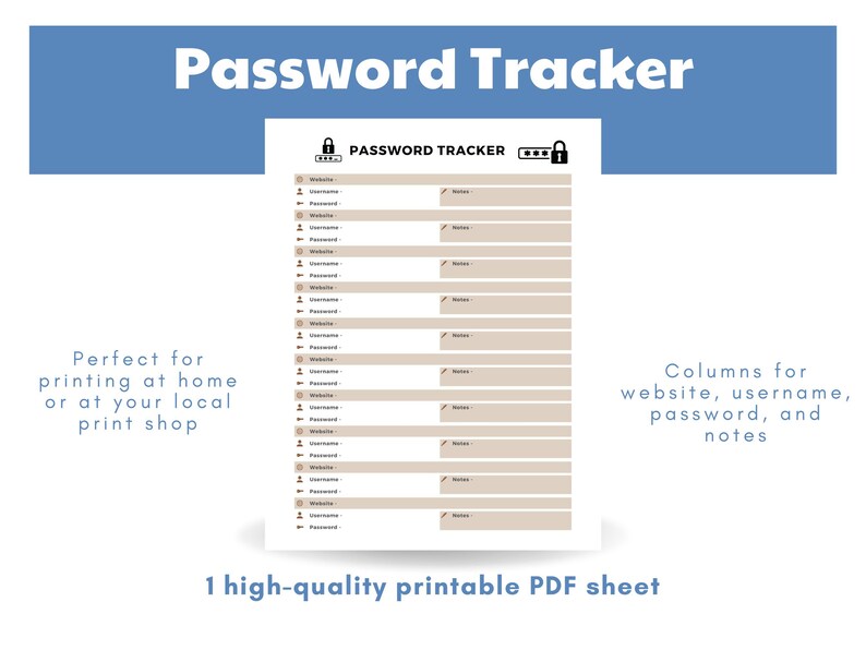 Printable Password Tracker | 1 Sheet Digital Password Organizer ...
