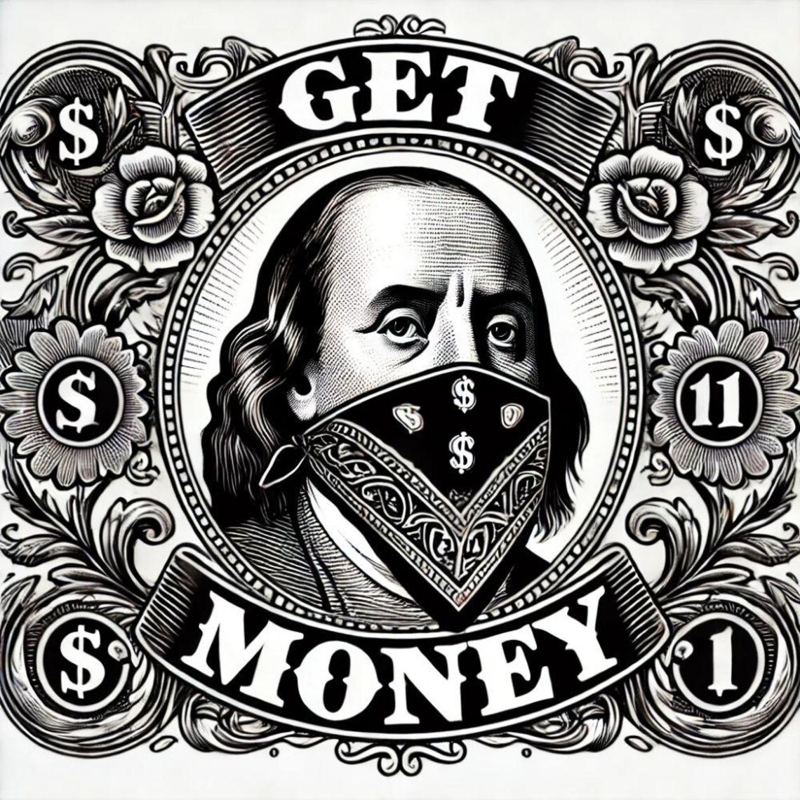 Get Money Black & White Art | Benjamin Franklin Dollar Bill Design ...