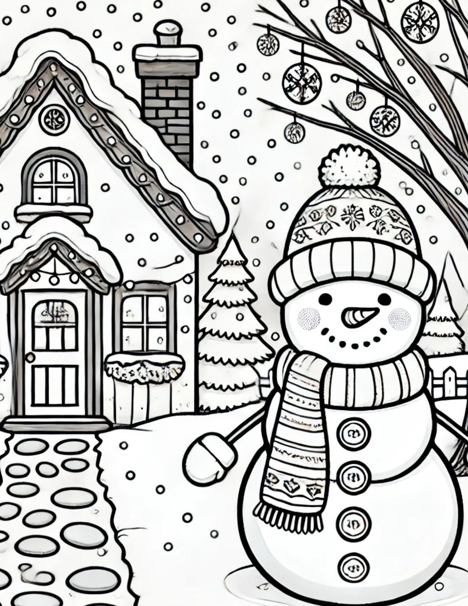 2 Winter Coloring Pages | Snowman and Cozy House | Printable PDF - Etsy