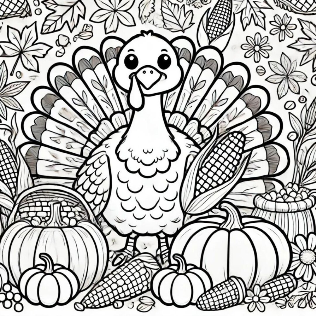 Thanksgiving Turkey and Harvest Coloring Page | Fun for Kids and Adults ...