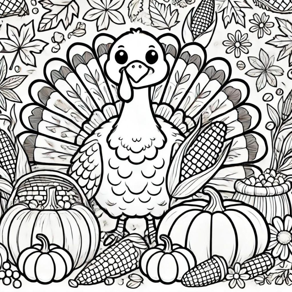 Thanksgiving Turkey and Harvest Coloring Page | Fun for Kids and Adults ...