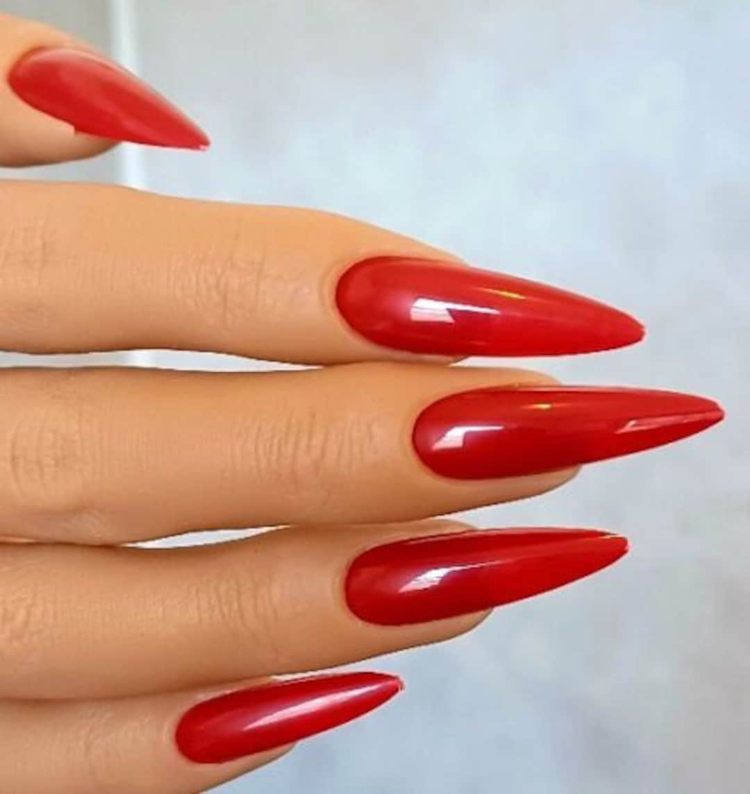 DARK RED STILETTO False Nails Long 20pc Full Cover Press On - Etsy