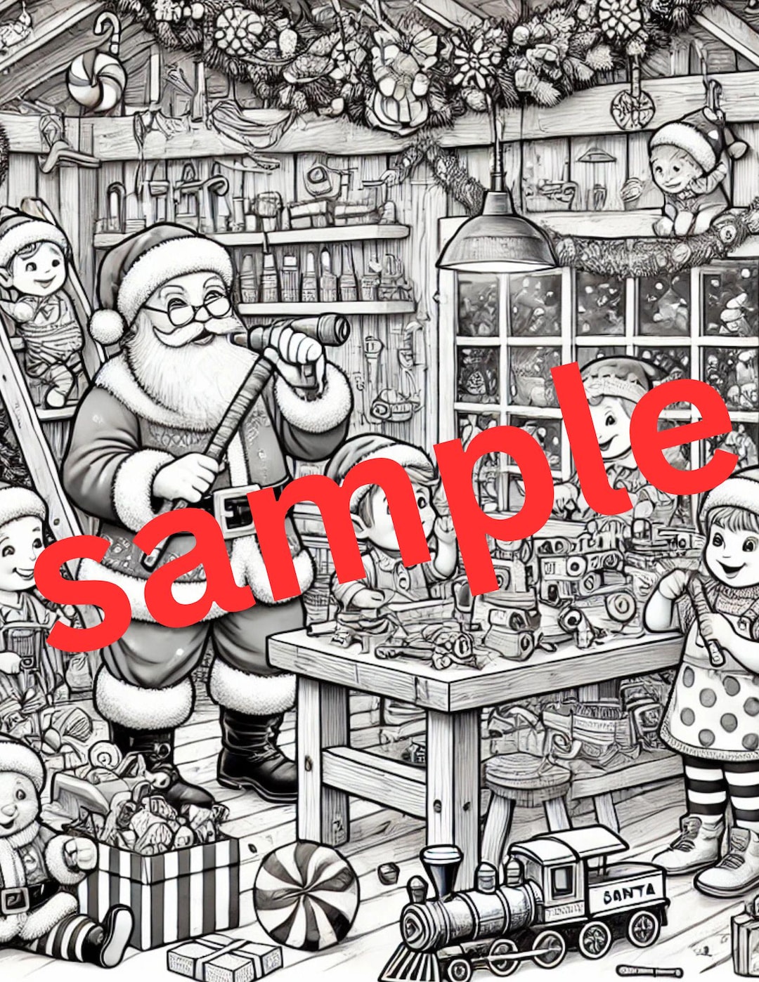 Santa’s Workshop Coloring Page | Santa and Elves Making Toys ...