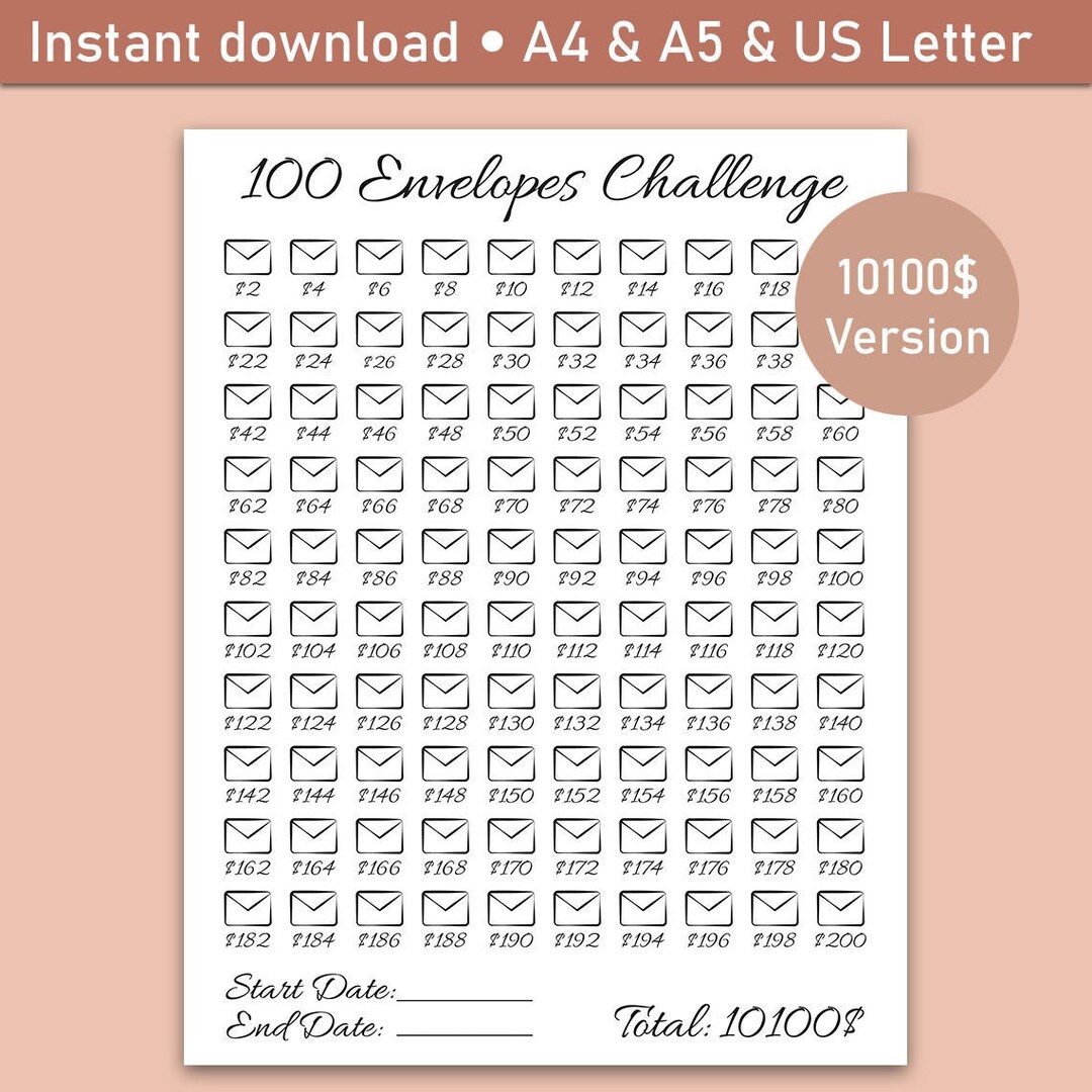 100 Envelopes Challenge 10k Printable Tracker Savings Tracker Savings ...