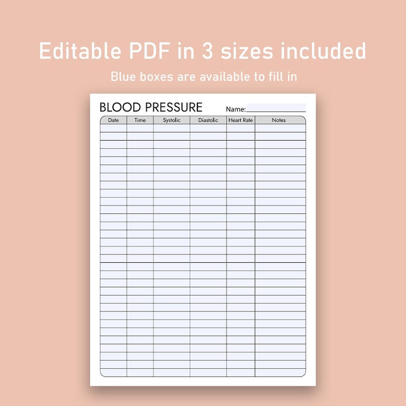 Printable Blood Pressure Log Editable Blood Pressure Tracker Medical ...