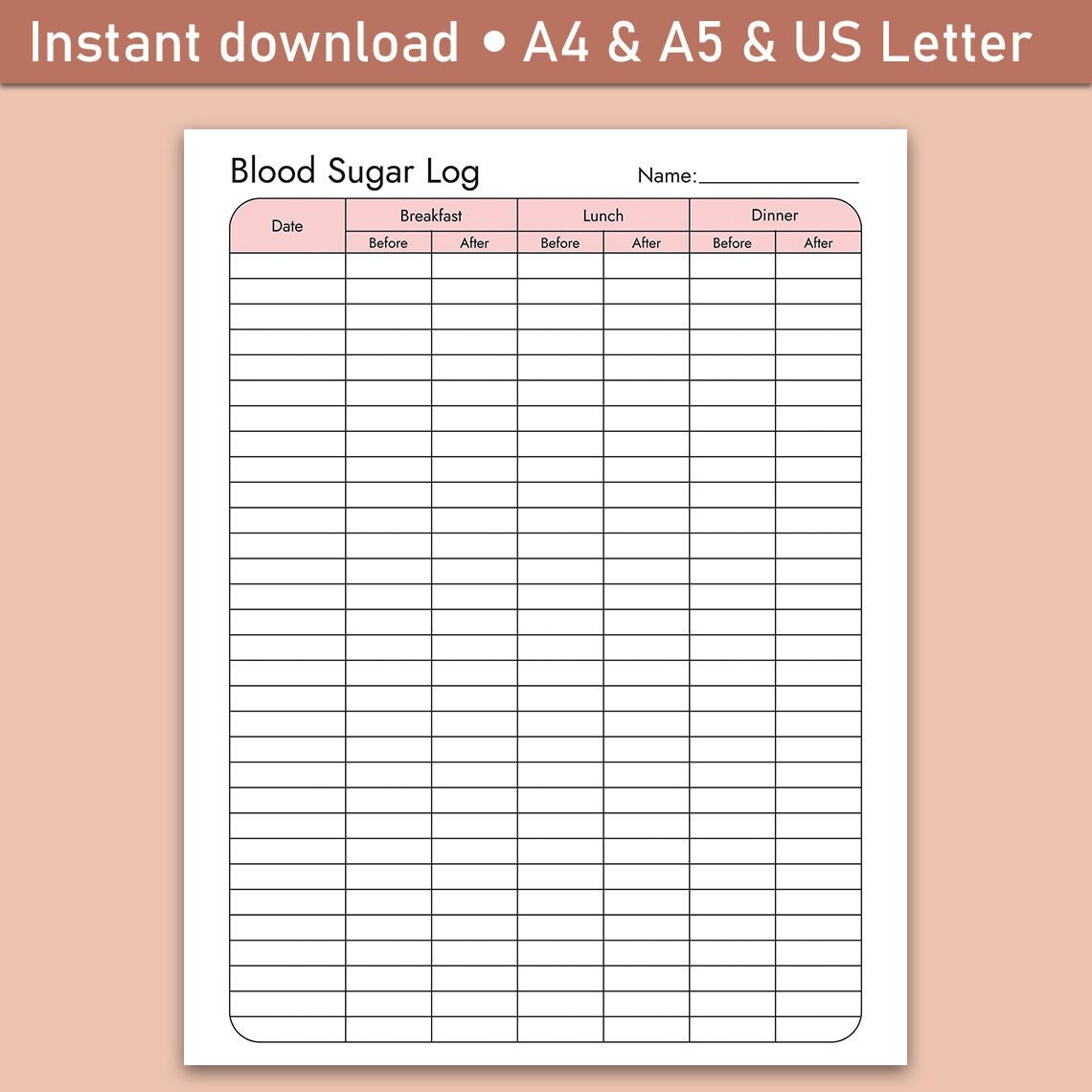 Printable Blood Sugar Log | Blood Sugar Tracker | Diabetes Tracker ...
