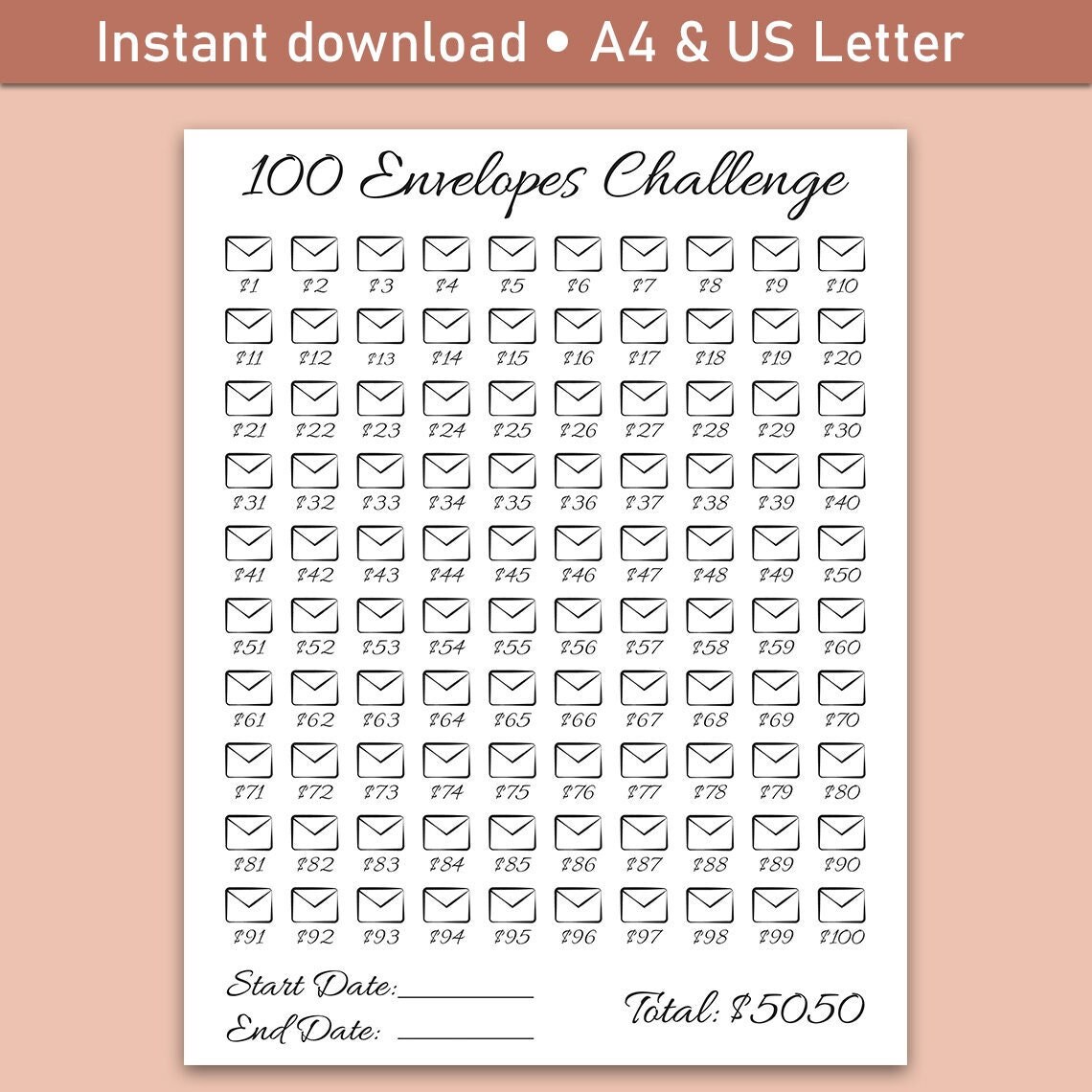 100 Envelopes Challenge Printable Tracker | Savings Tracker | Savings ...