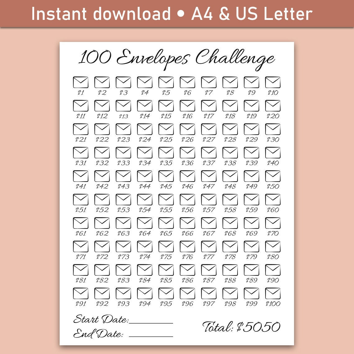 100 Envelopes Challenge Printable Tracker Savings Tracker Savings ...