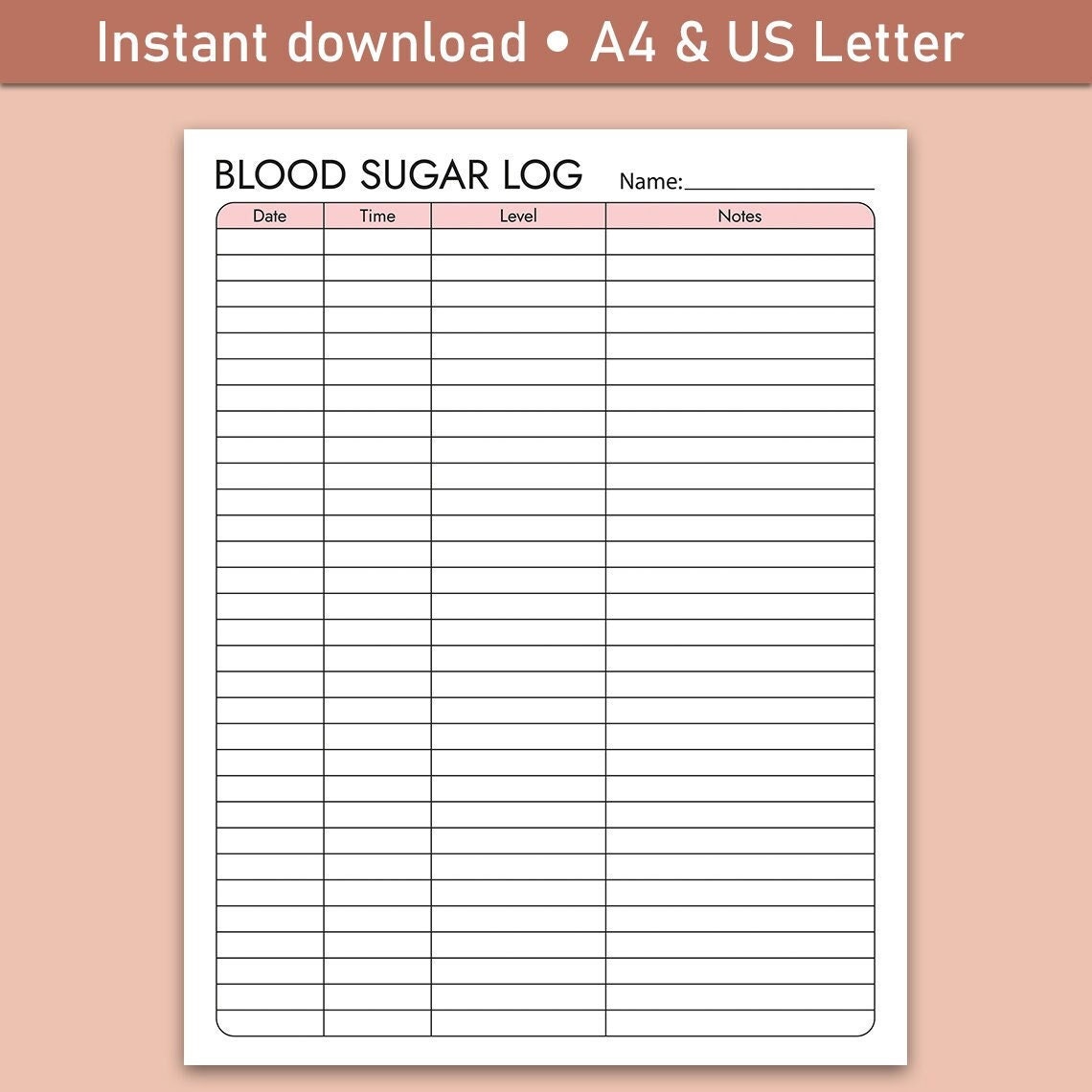 Printable Blood Sugar Log | Blood Sugar Tracker | Diabetes Tracker ...