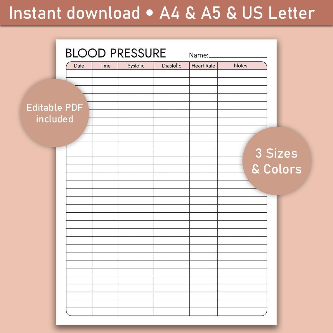 Printable Blood Pressure Log Editable Blood Pressure Tracker Medical ...