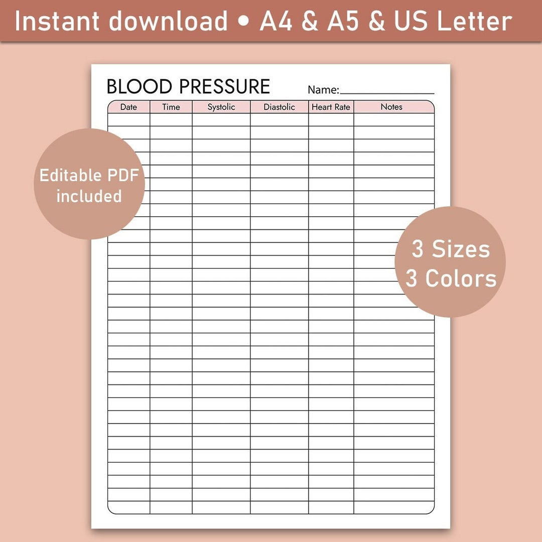 Printable Blood Pressure Log Editable Blood Pressure Tracker - Etsy
