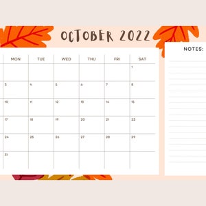 October Calendar, Digital Planner, Calendar Planner, October 2022 ...