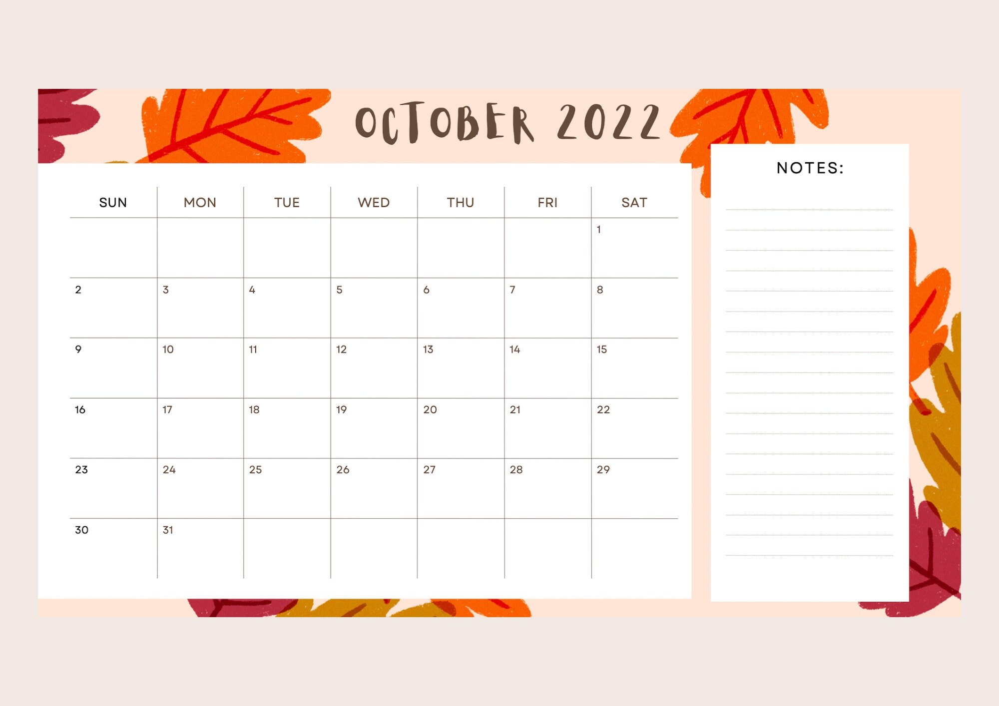 October 2022 Calendar Printable