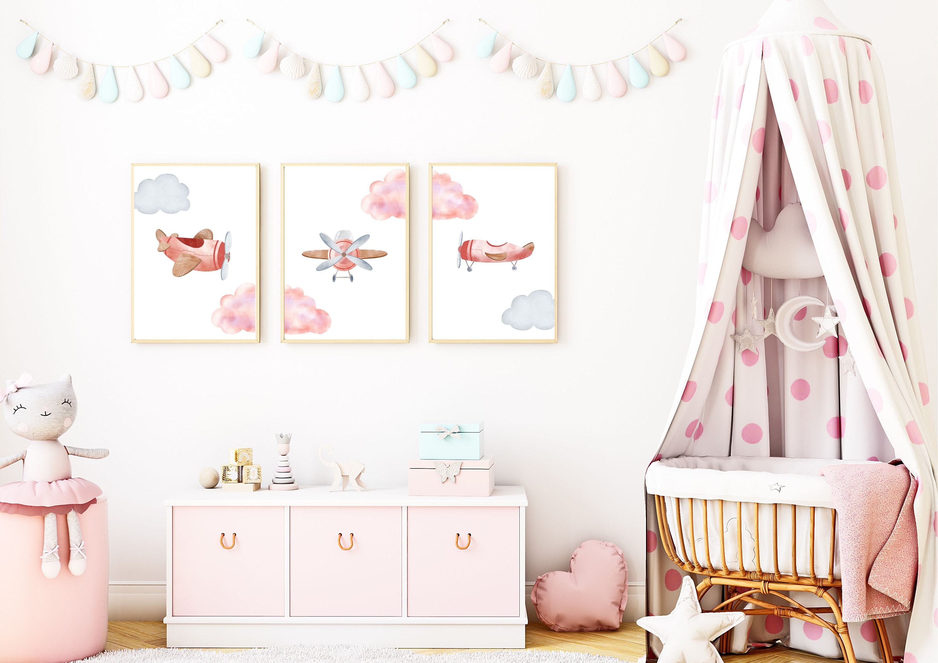 3 Pink Airplane Wall Prints Airplane Nursery Art Girl - Etsy