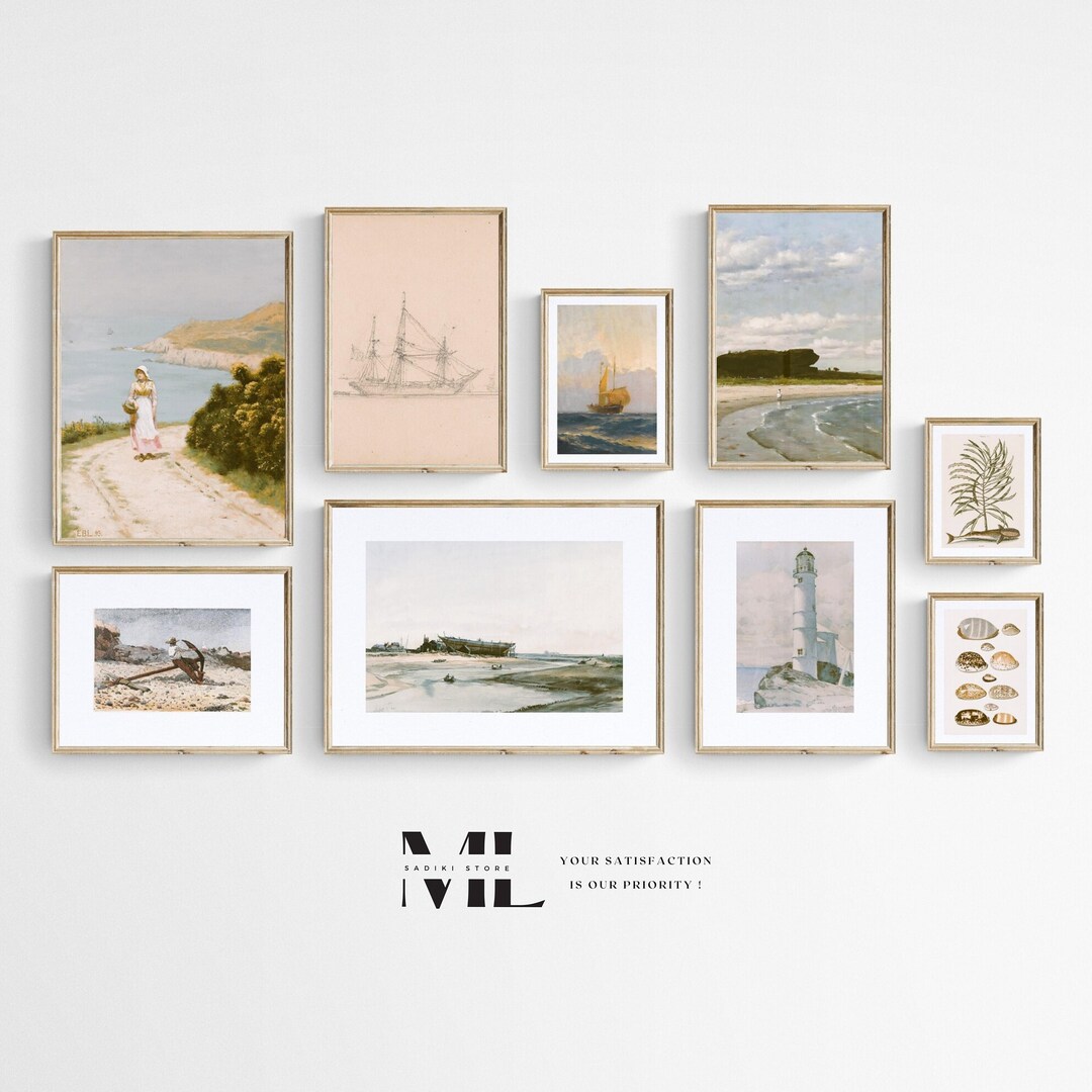 DIGITAL COSTAL Art SET of 9 Prints, Printable Beach Artwork, Vintage ...
