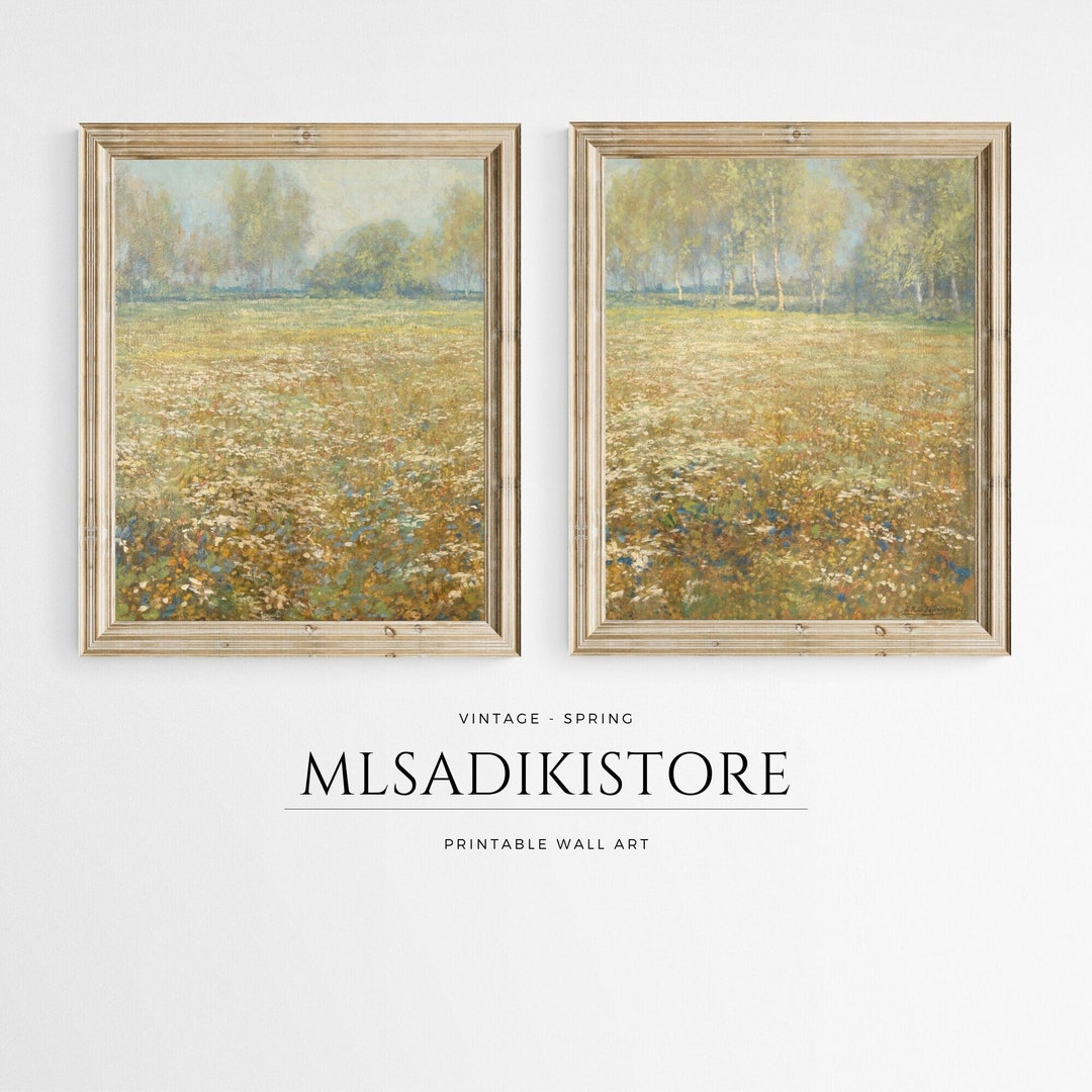 Set of Two Vintage Landscape Split Panel Art Prints | Wildflower Field ...