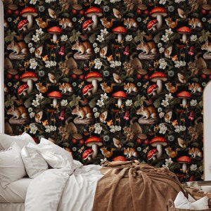 Dark Botanical Rabbit Mural, Dark Mushroom Peel and Stick Wallpaper ...