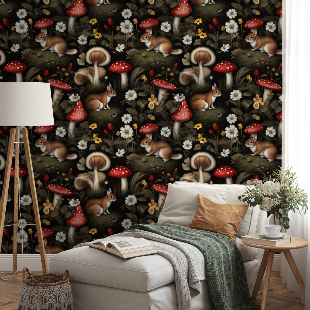 Forest Wallpaper, Mushroom and Rabbit Mural, Secret Garden Peel and ...