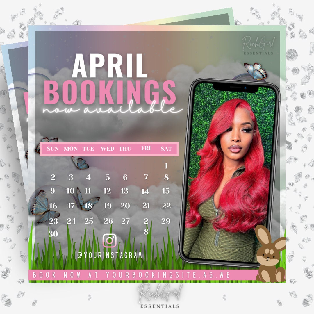 April Bookings Available Calendar DIY Spring Appointments Book Now Hair ...
