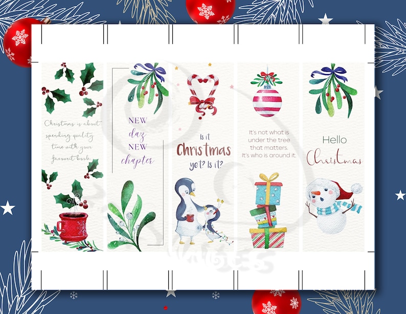 5 Christmas Themed Printable Watercolor Bookmark Set for Cozy Winter ...