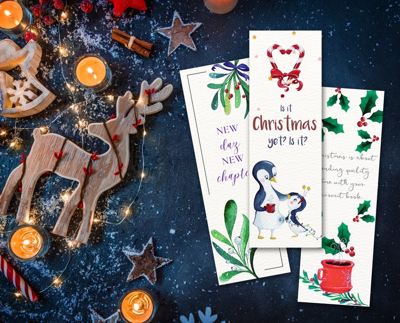 5 Christmas Themed Printable Watercolor Bookmark Set for Cozy Winter ...