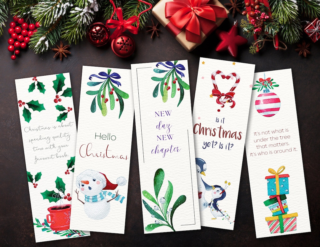 5 Christmas Themed Printable Watercolor Bookmark Set for Cozy Winter ...