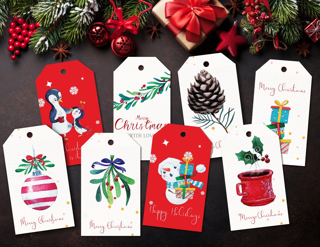 8 Printable Christmas Gift Tags Bundle, Watercolor Winter Holiday Hang ...