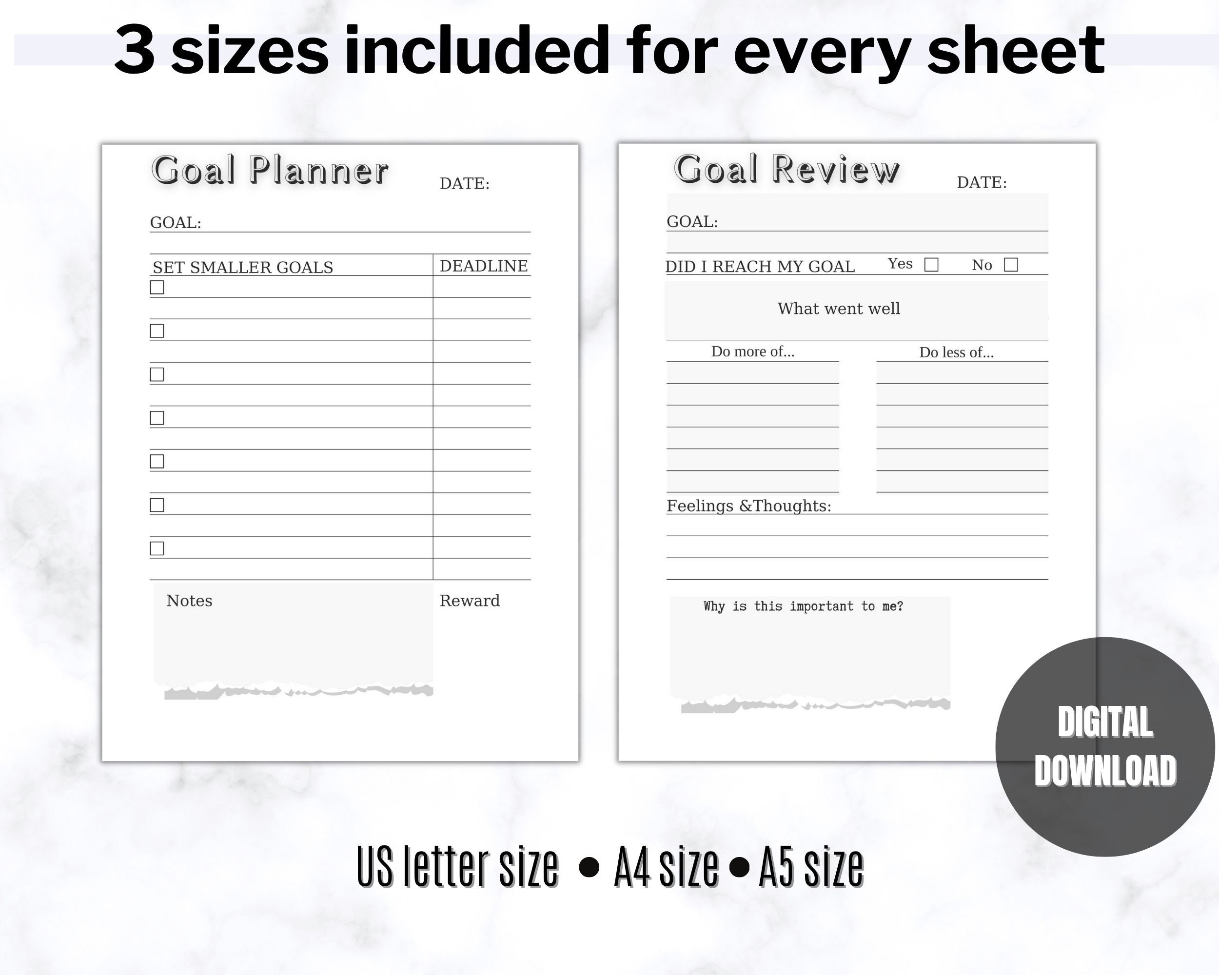 Goals Tracker and Review Planner, Goals Setting & Review, Printable PDF ...
