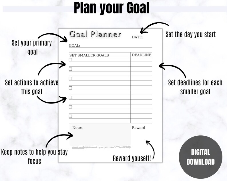 Goals Tracker and Review Planner, Goals Setting & Review, Printable PDF ...