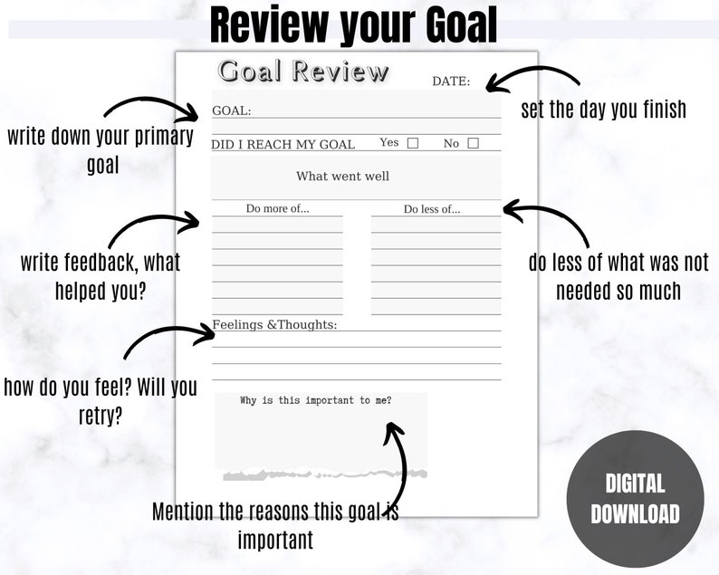 Goals Tracker and Review Planner, Goals Setting & Review, Printable PDF ...
