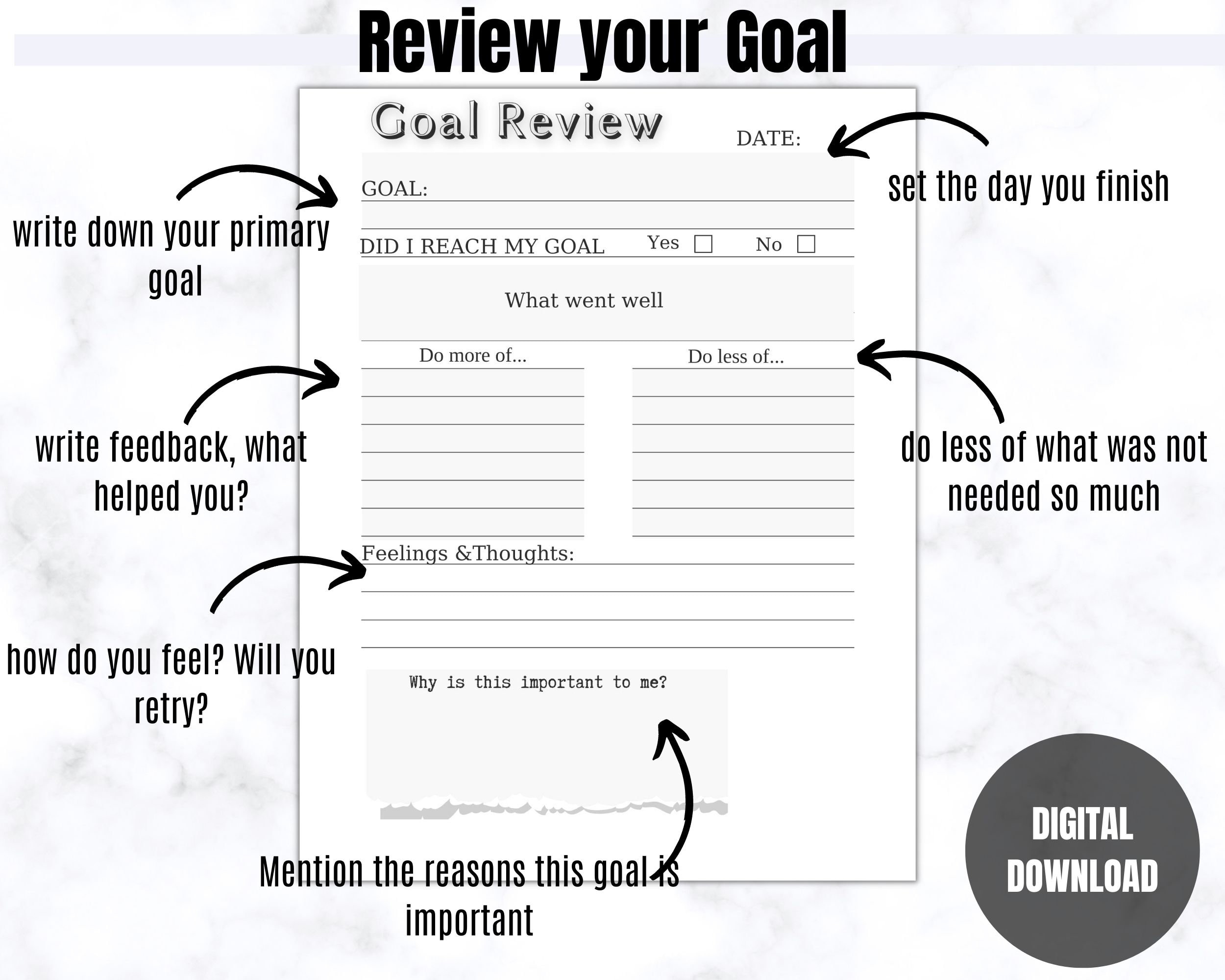 Goals Tracker and Review Planner, Goals Setting & Review, Printable PDF ...