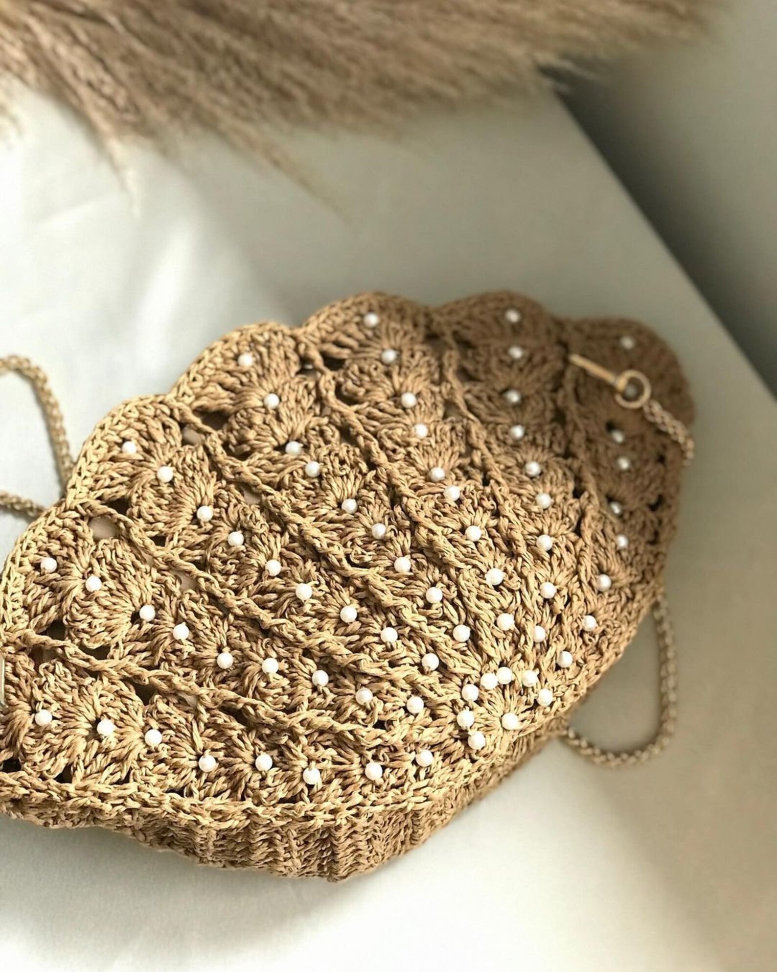 Crochet Raffia Oyster Shell Bag | Pearly Mussel Crossbody Bag | Knitted ...