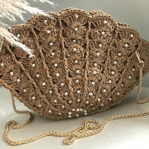 Crochet Raffia Oyster Shell Bag | Pearly Mussel Crossbody Bag | Knitted ...