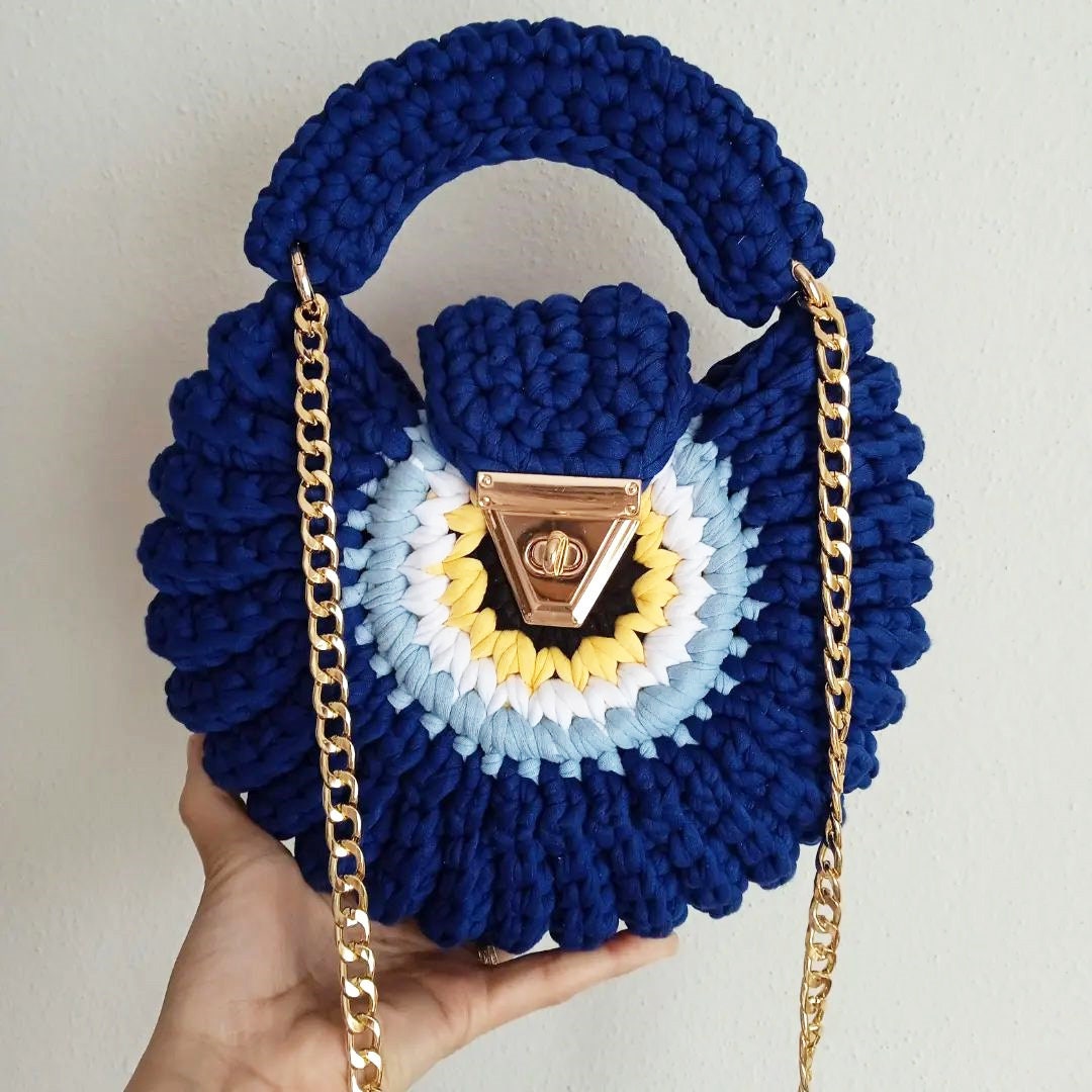 Handmade Evil Eye Round Crochet Bag | Royal Blue Oval Circle Bag ...