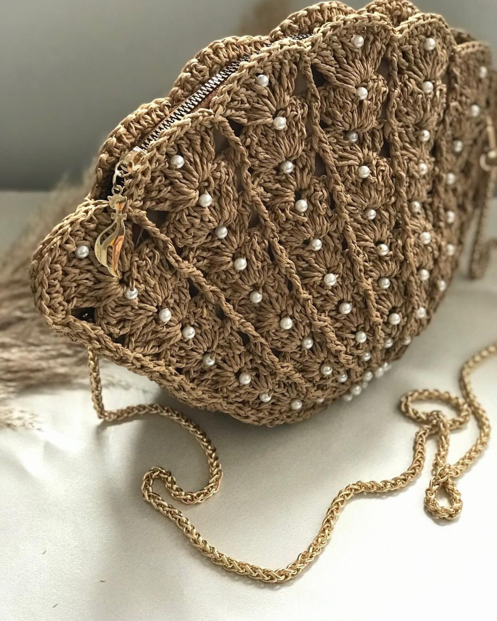 Crochet Raffia Oyster Shell Bag | Pearly Mussel Crossbody Bag | Knitted ...