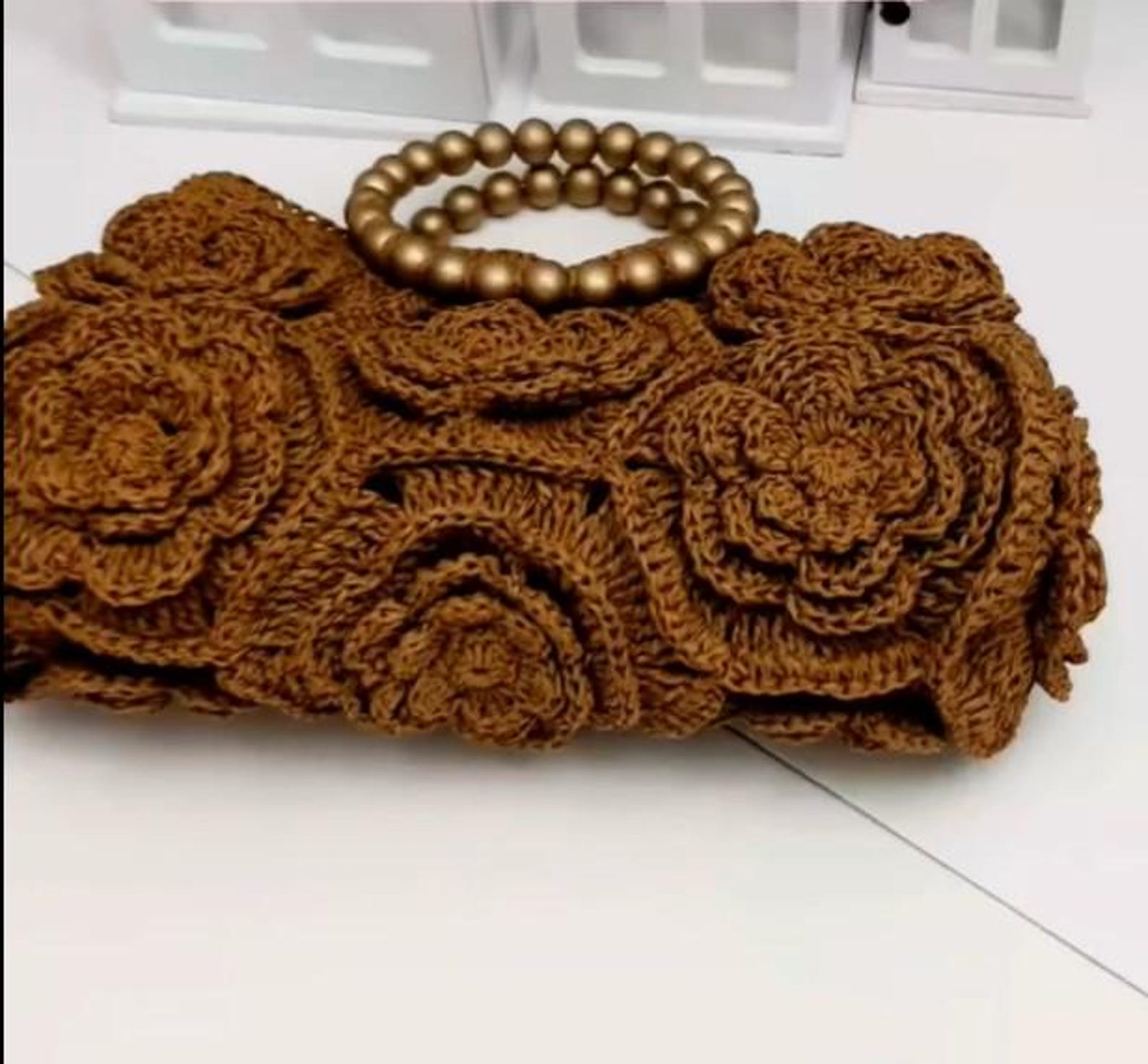 Handmade Raffia Crochet Bag: Rose Motif, Bead Handles - Etsy
