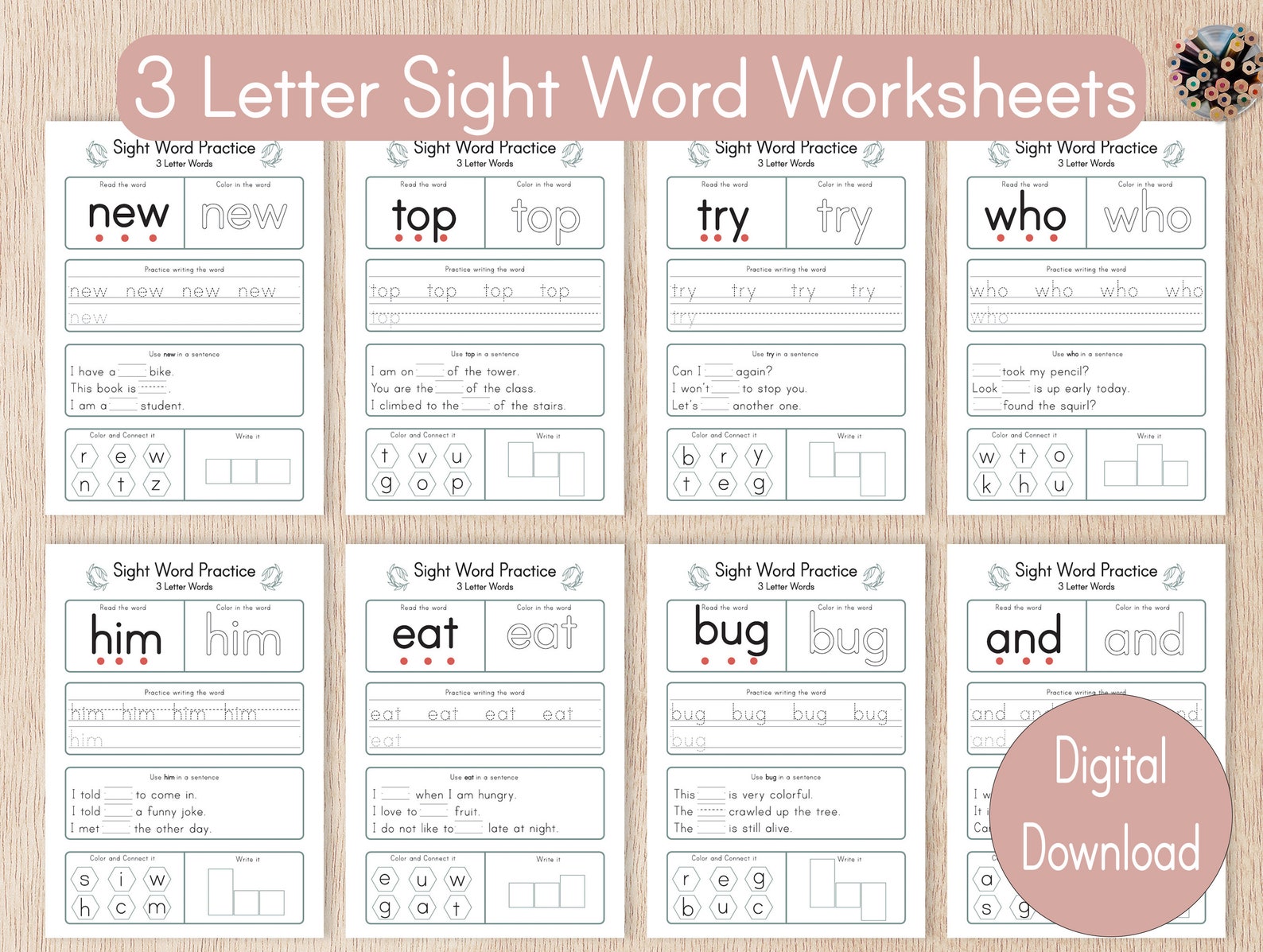Sight Words Worksheets, Printable Sight Word Activities, 3 Letter Sight ...
