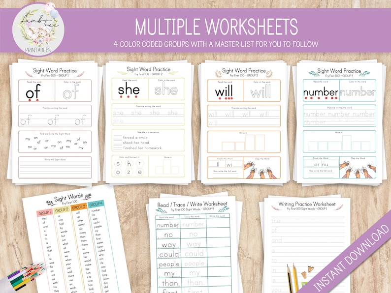Fry 100 Sight Word Flashcards and Worksheets Printable | Digital ...