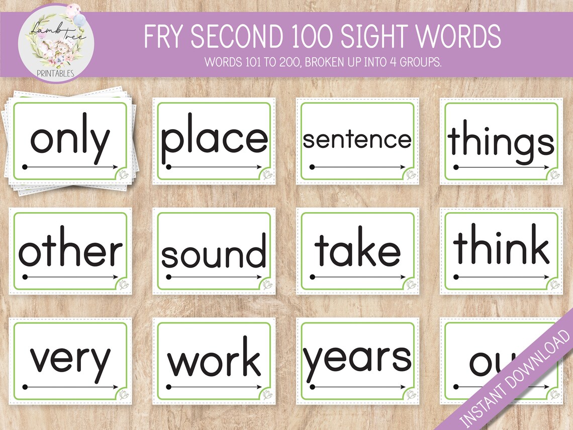 Fry Second 100 Sight Words Flashcards, Fry 101-200 Printable Sight Word ...