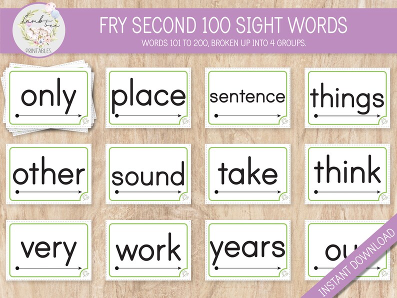 Fry Second 100 Sight Words Flashcards, Fry 101-200 Printable Sight Word ...