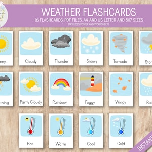 16 Weather Flashcards, Weather Cards, INSTANT DOWNLOAD, Toddler Weather ...