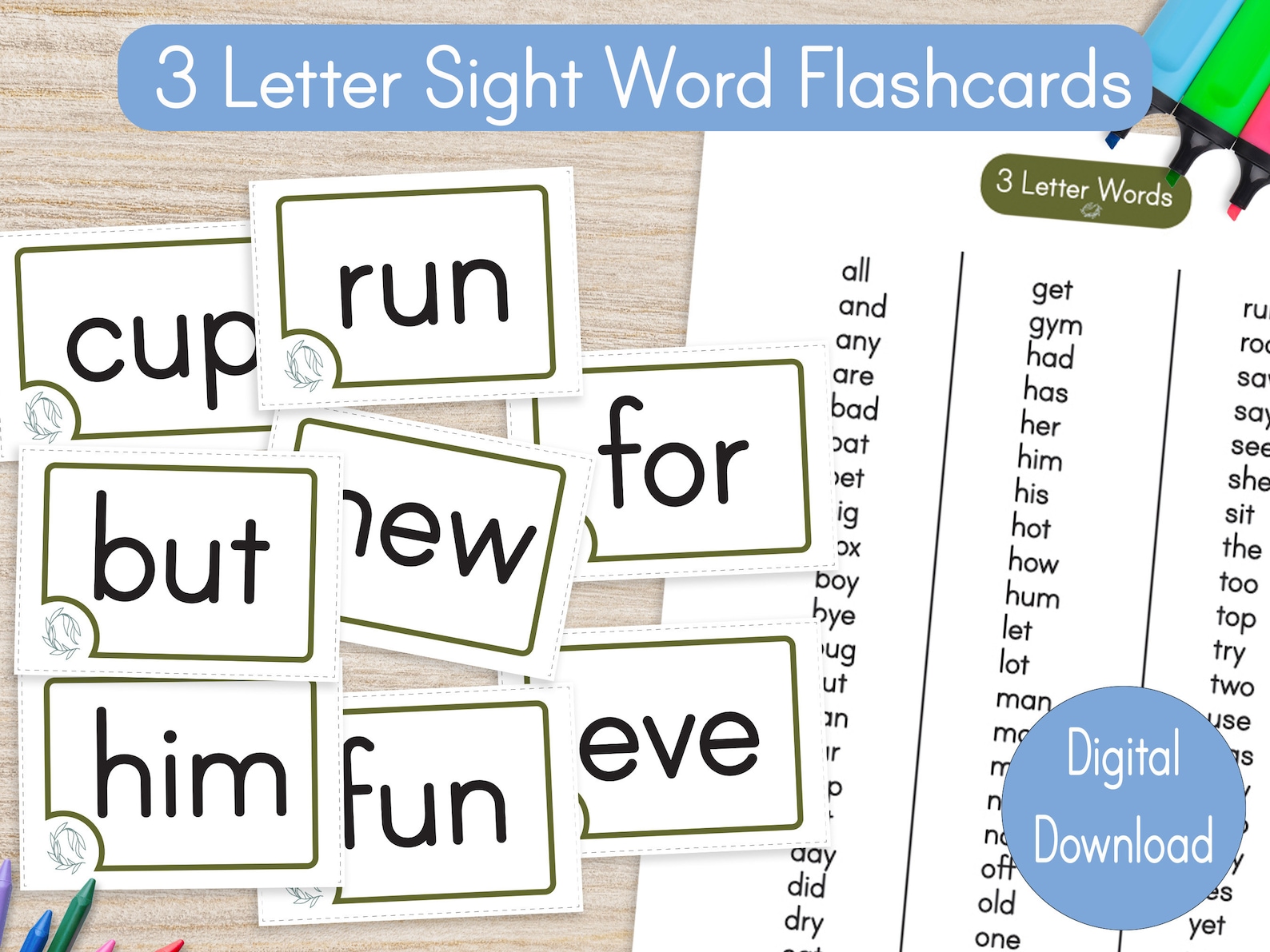 3 Letter Sight Words Flashcards, Montessori Homeschool (digital ...