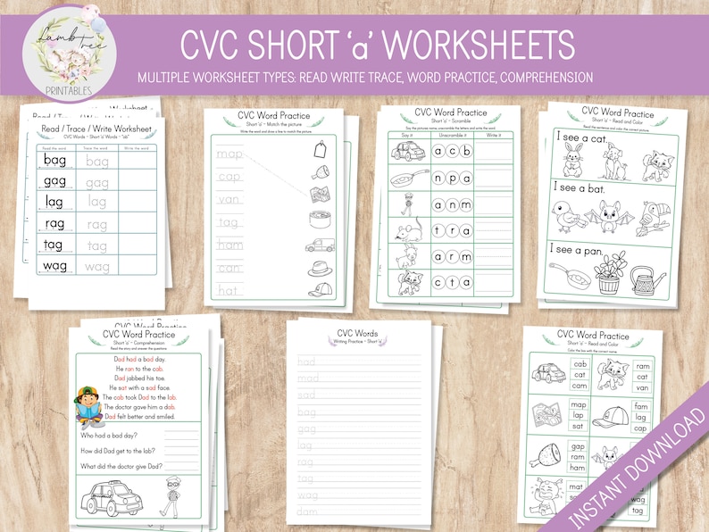 CVC - Short 'a' Words Worksheets, Learning CVC Words, Homeschool ...
