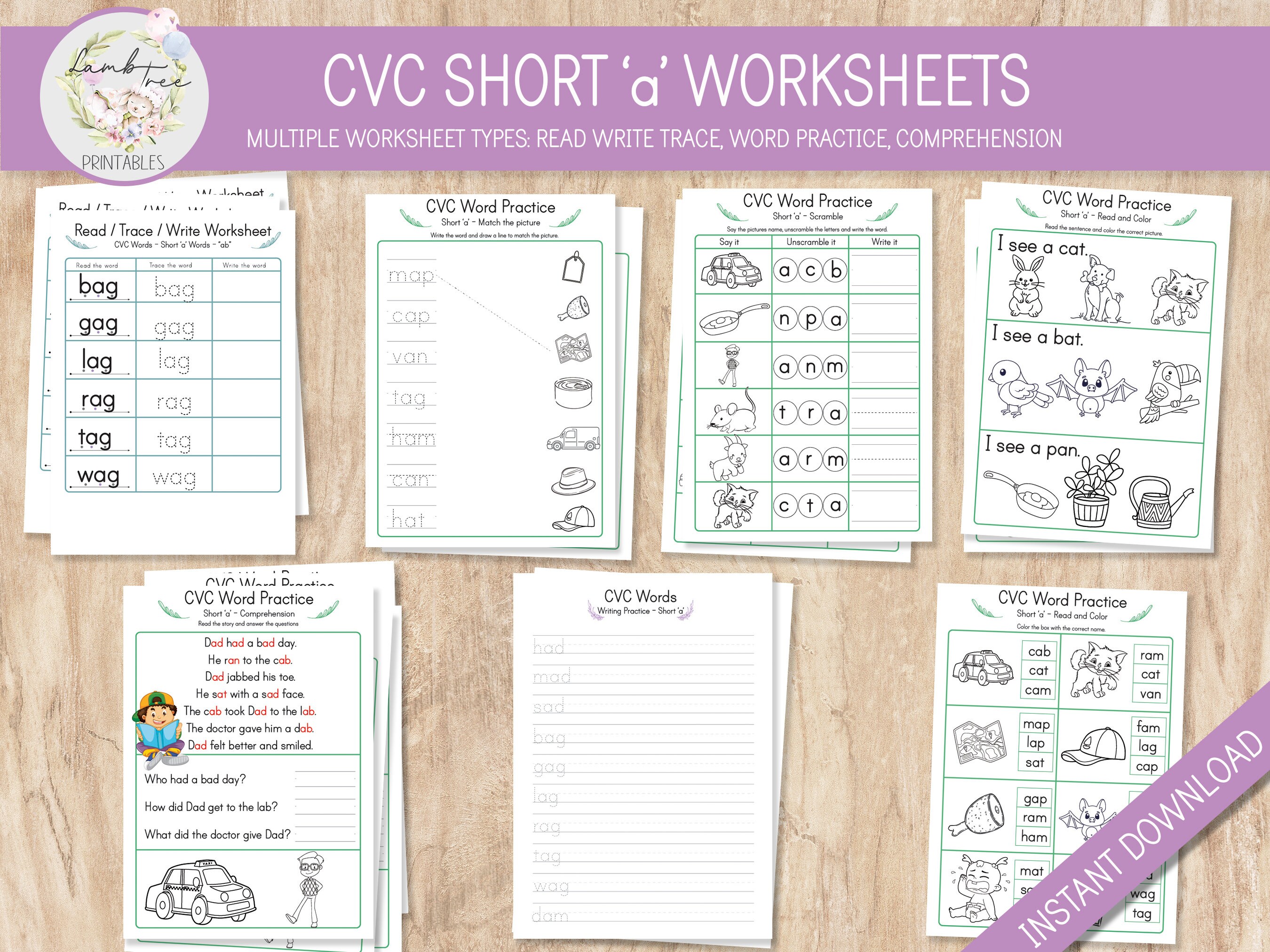 Short A CVC Words Worksheets Printable | Phonics Reading Practice for ...