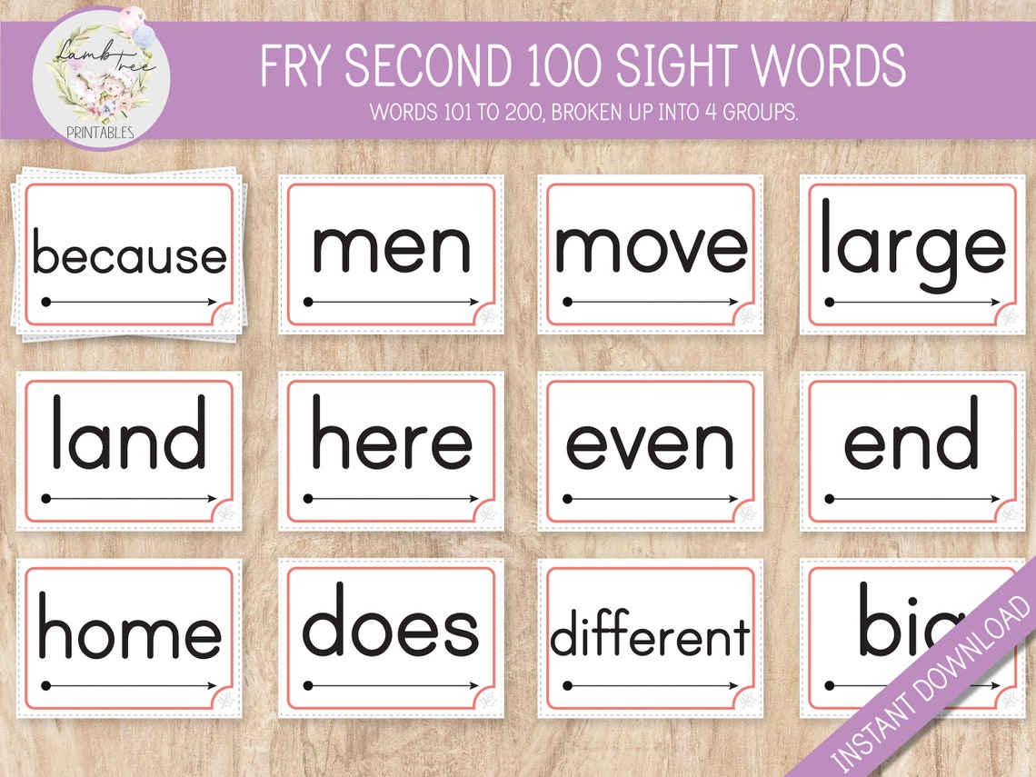 Fry Second 100 Sight Words Flashcards, Fry 101-200 Printable Sight Word ...