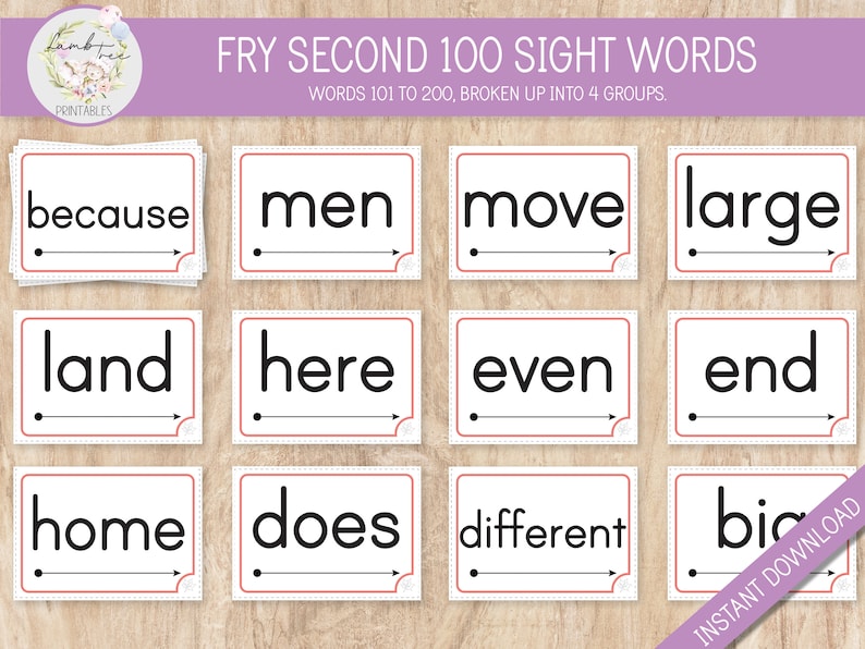 Fry Second 100 Sight Words Flashcards, Fry 101-200 Printable Sight Word ...